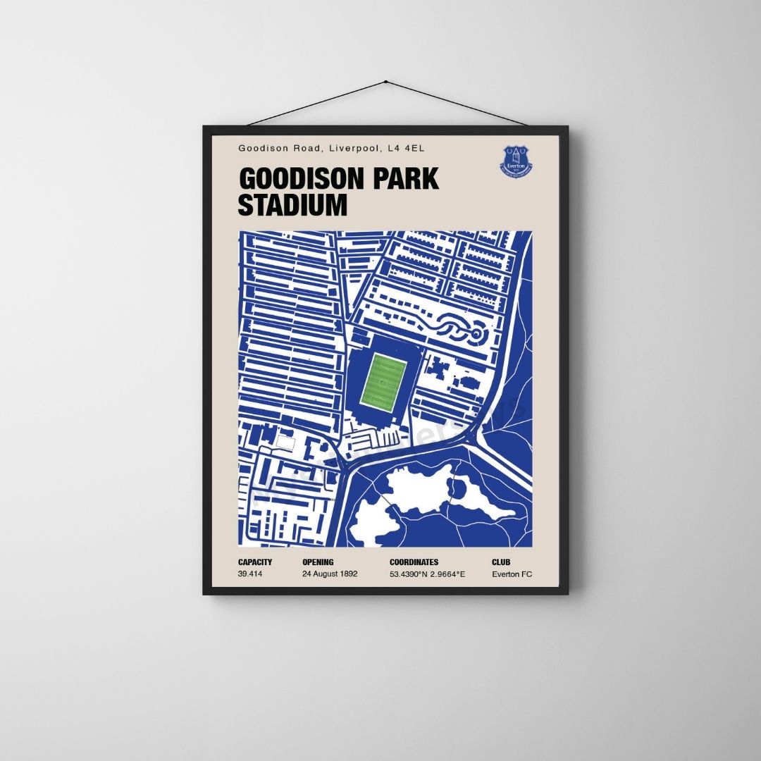 Everton Goodison Park A4 Map Print – Blue & White Design – Mystique Jerseys