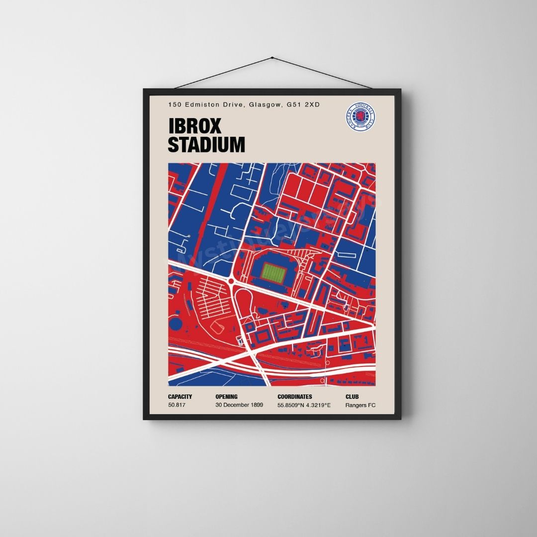 Rangers Ibrox Stadium A4 Map Print – Blue & White Design – Mystique Jerseys